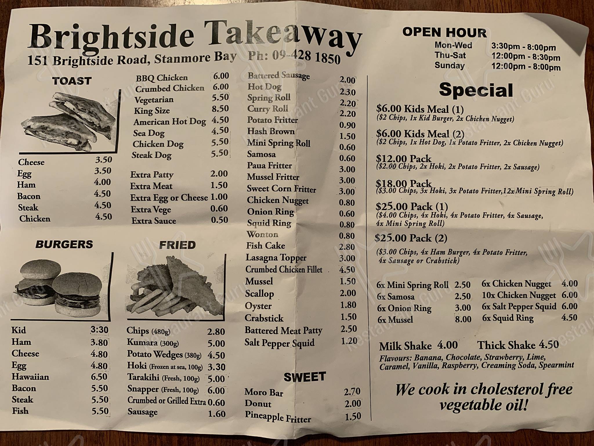 Carta de comida rápida Brightside Takeaways, Auckland