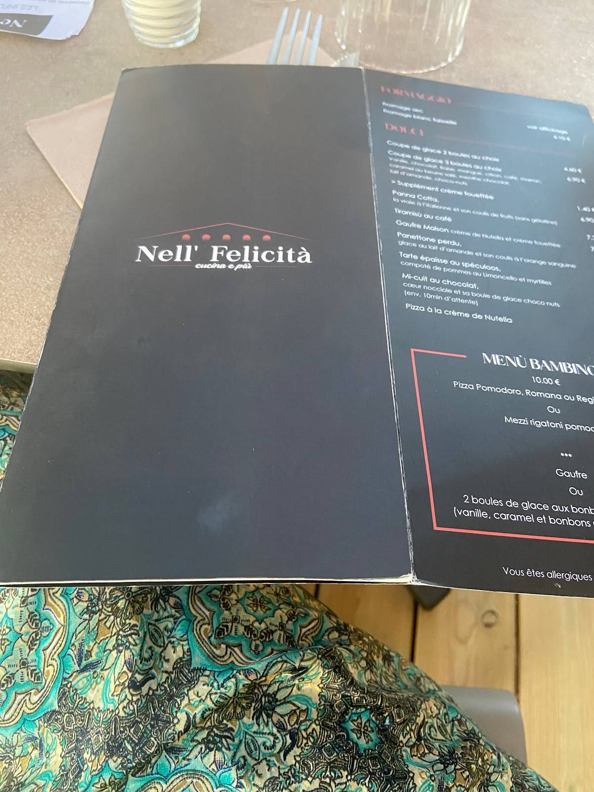 Menu au Nell'Felicità restaurant, Brignais