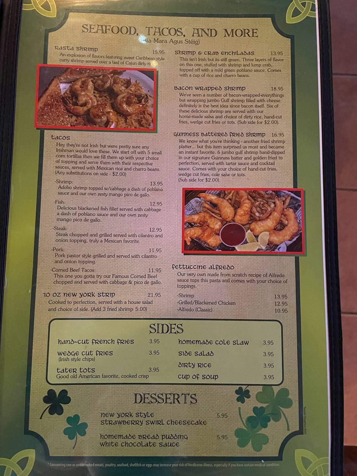 Menu at Kellys Irish Pub, South Padre Island