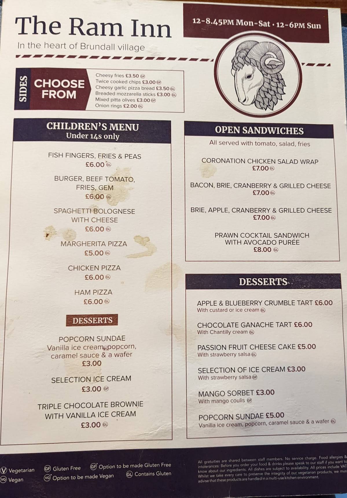 Menu at The Ram Inn pub & bar, Norwich