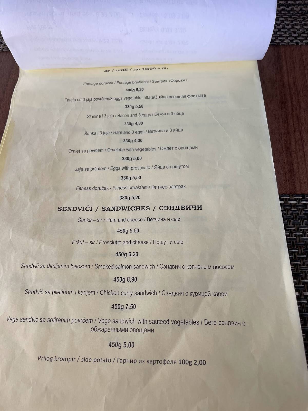 Menu at Forsage Gastro Lounge restaurant, Budva