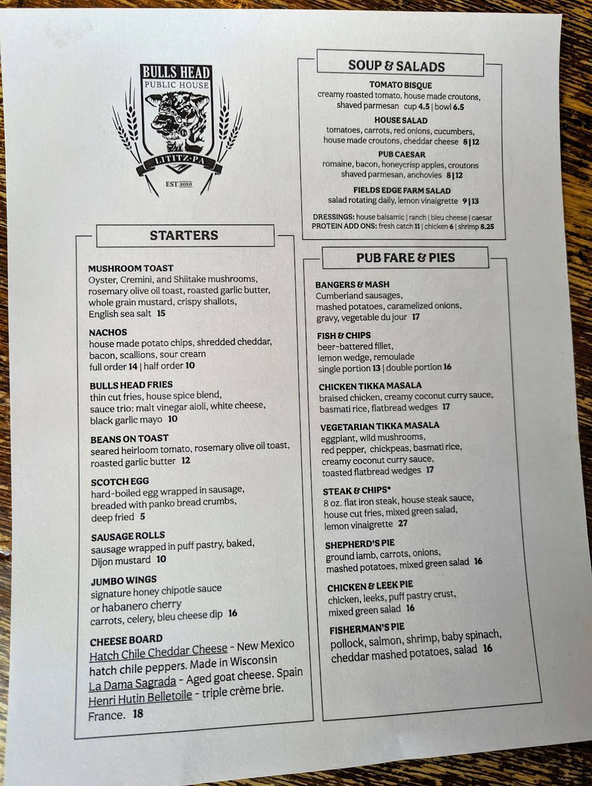 Menu at Bulls Head Public House, Lititz