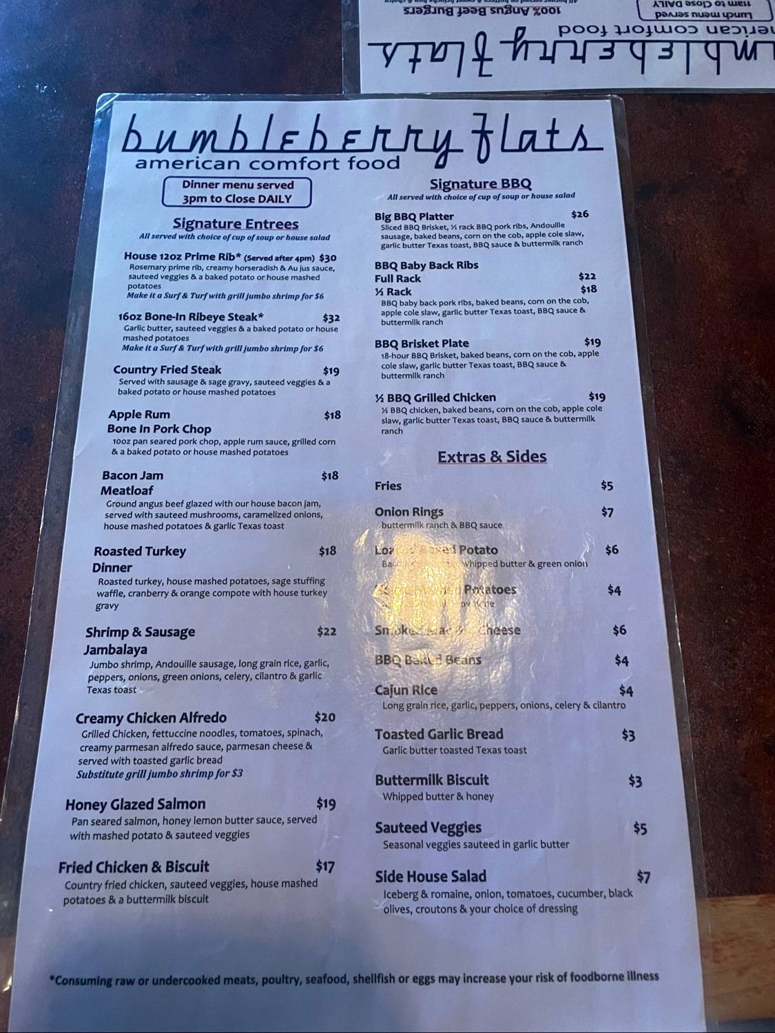 Menu at Bumbleberry Flats restaurant, Laughlin