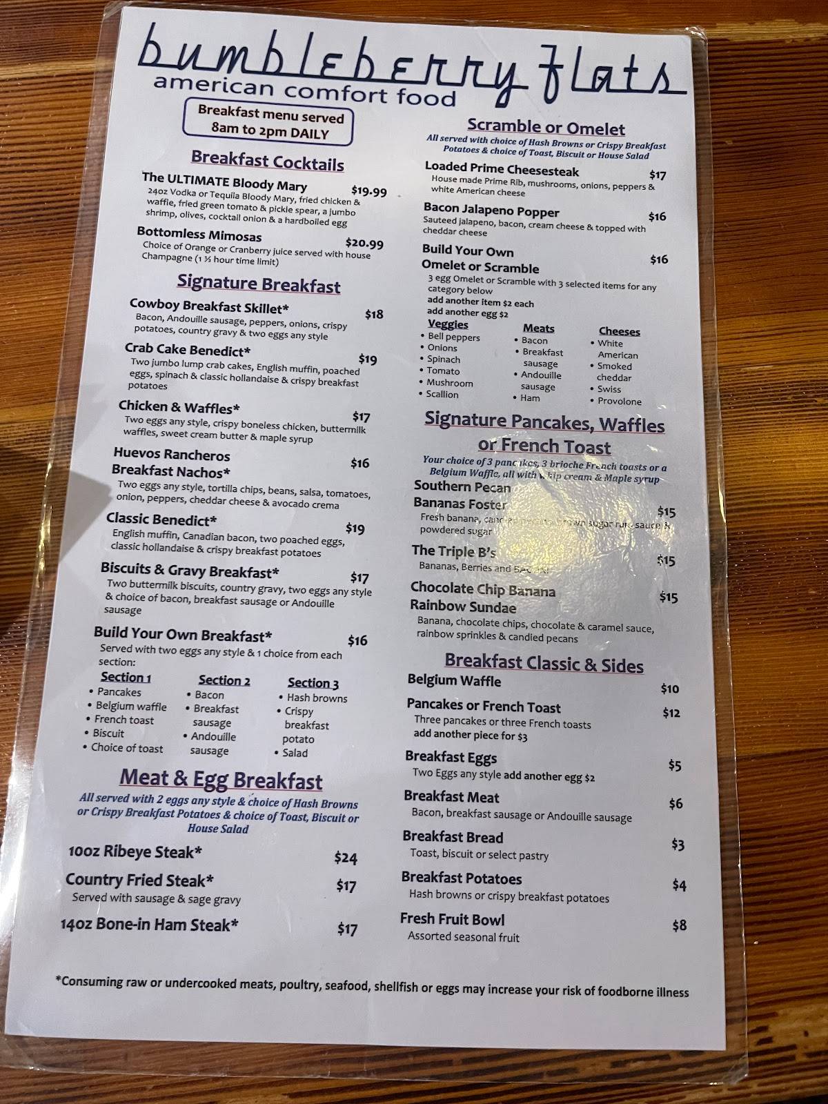 Menu at Bumbleberry Flats restaurant, Laughlin