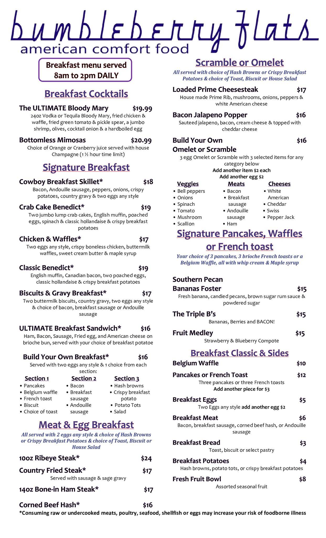 Menu at Bumbleberry Flats restaurant, Laughlin