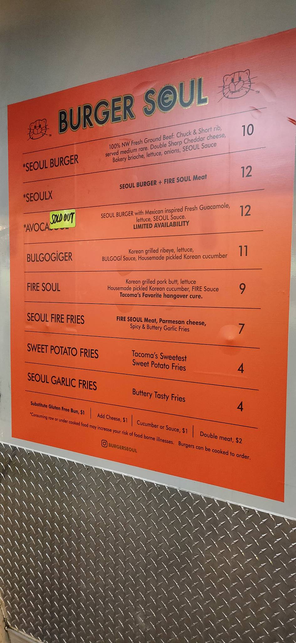 Menu at BURGER SEOUL restaurant, Tacoma