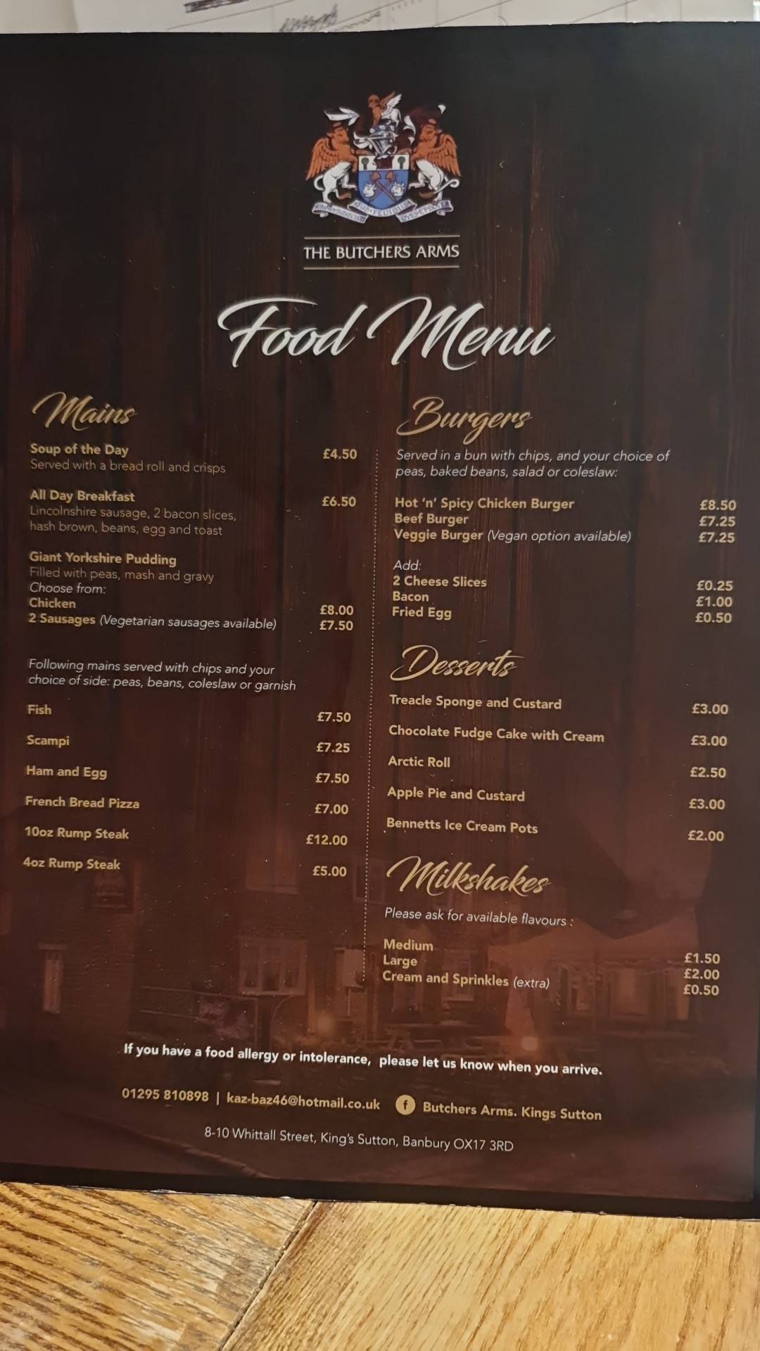Menu at Butchers Arms pub & bar, Banbury