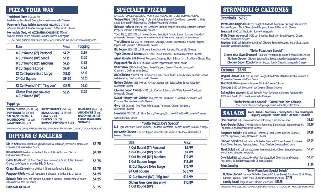 Menu at Pizza Joe's pizzeria, Butler, 226 N Main St