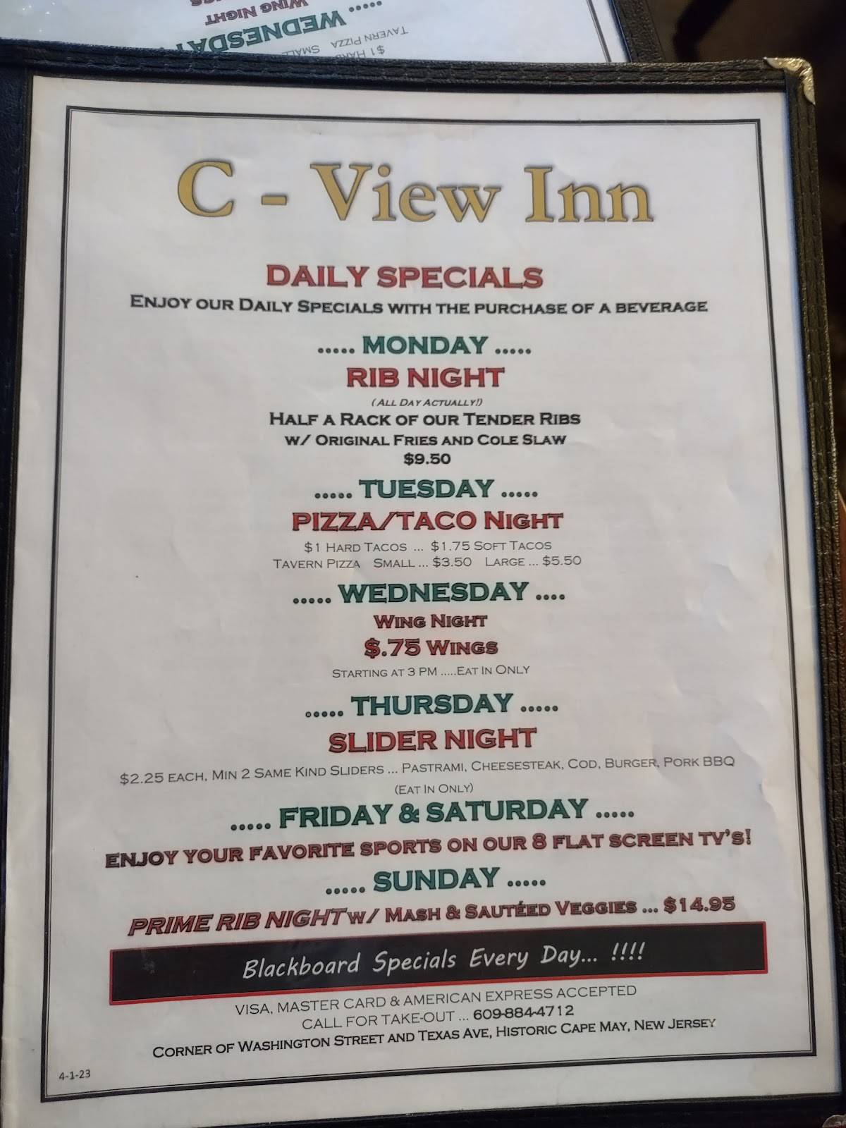 Menu at C-View Inn pizzeria, Cape May