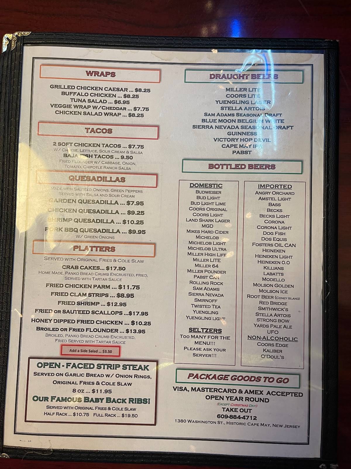Menu at C-View Inn pizzeria, Cape May