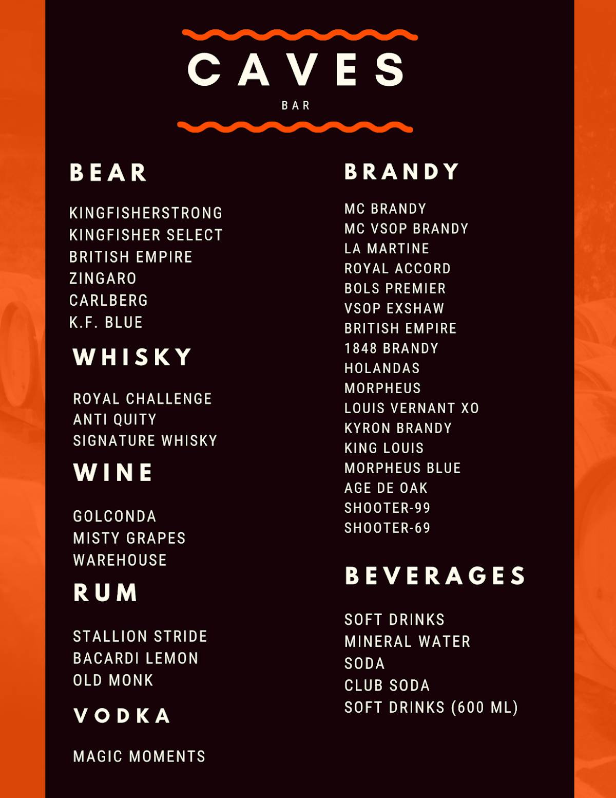 Menu at CAVES BAR, Salem