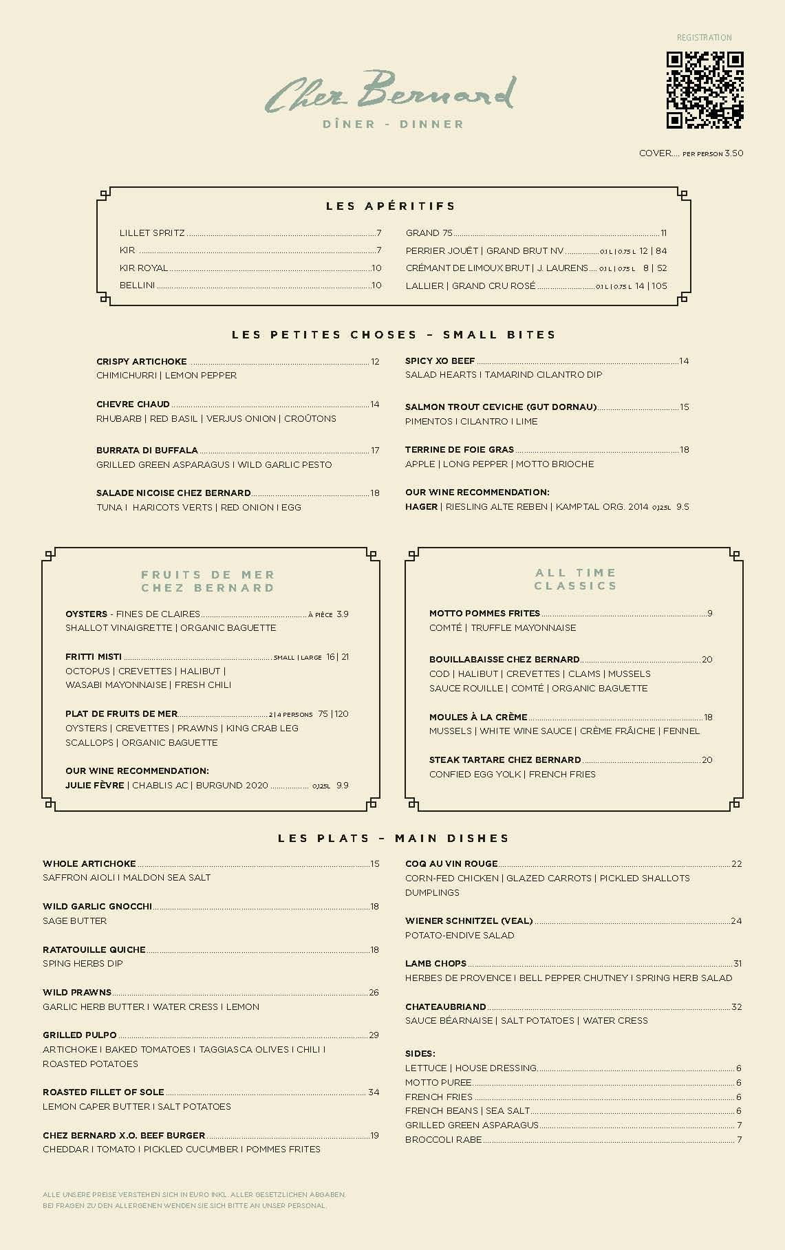 Speisekarte von CHEZ BERNARD Restaurant et Bar, Wien