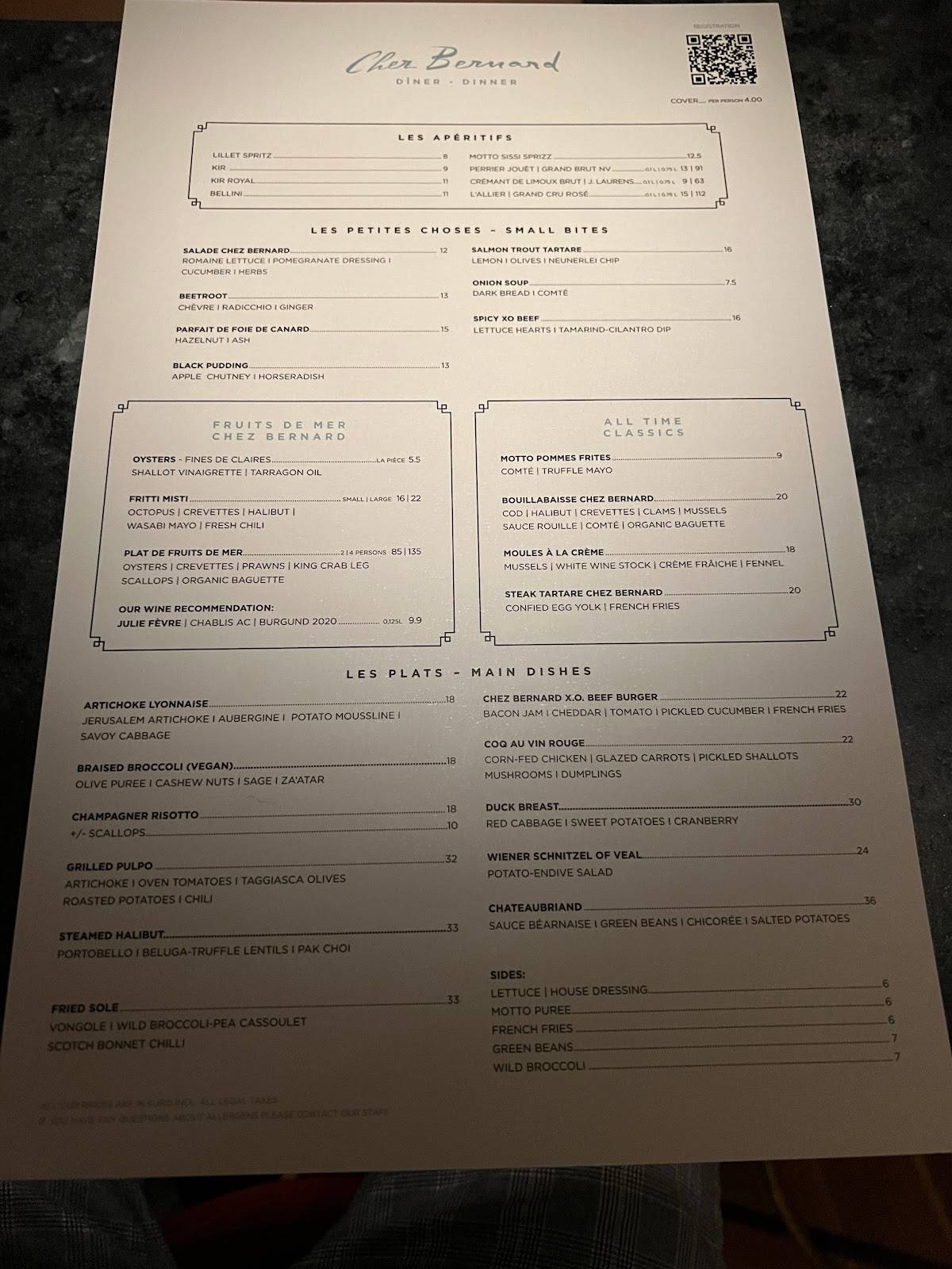 Speisekarte von CHEZ BERNARD Restaurant et Bar, Wien