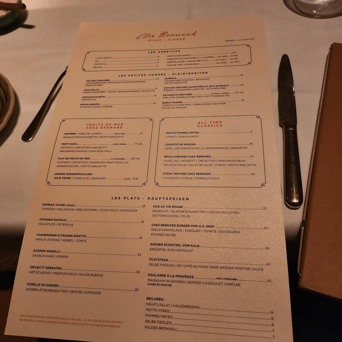 Speisekarte von CHEZ BERNARD Restaurant et Bar, Wien