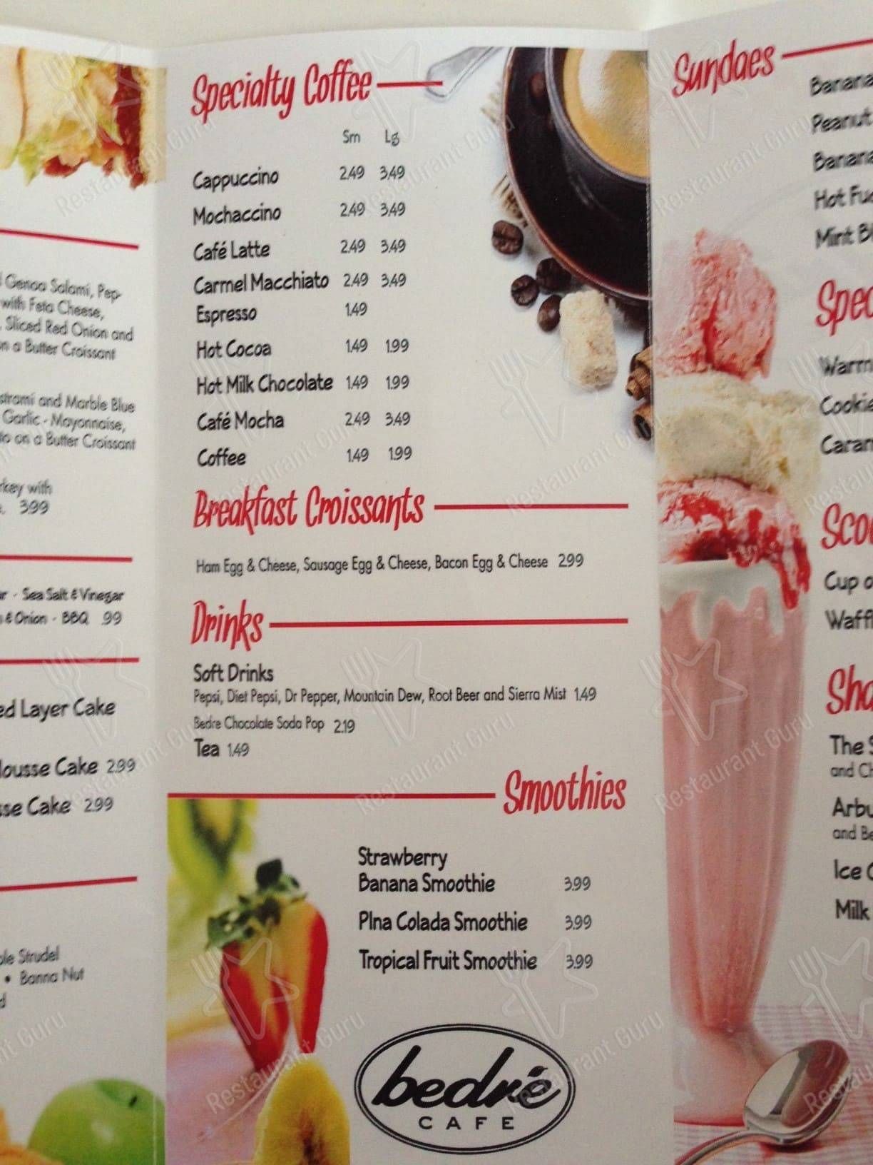 Menu at Bedré Cafe, Sulphur