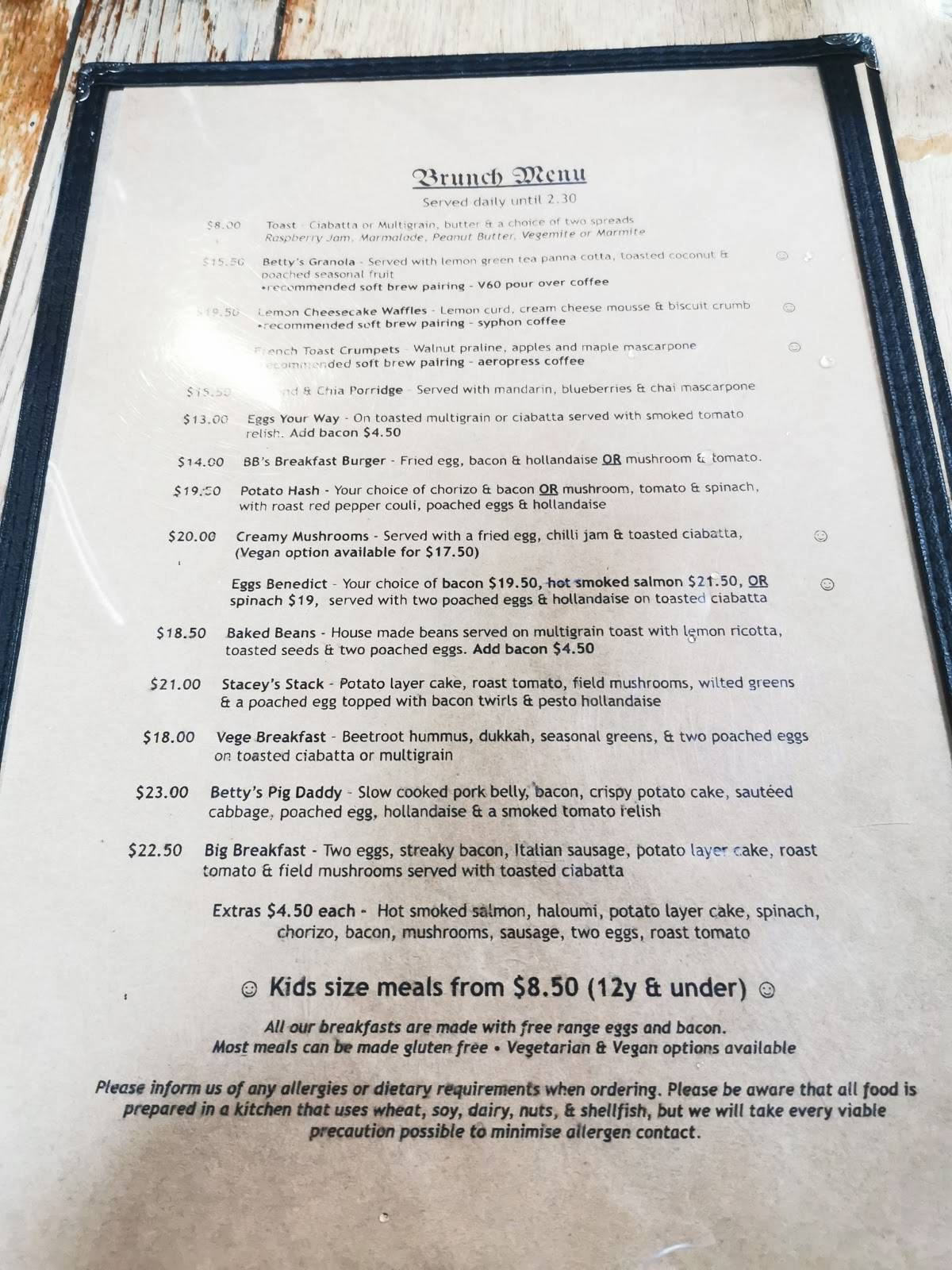 Menu at Black Betty Cafe, Christchurch