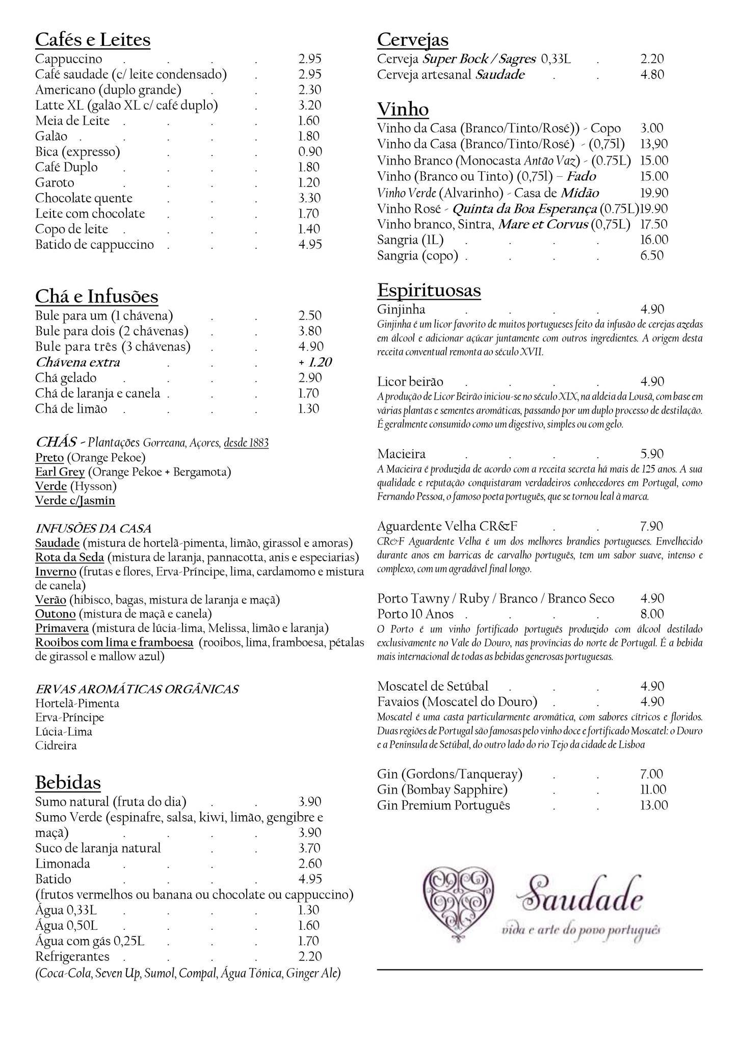 Menu at Cafe Saudade, Sintra