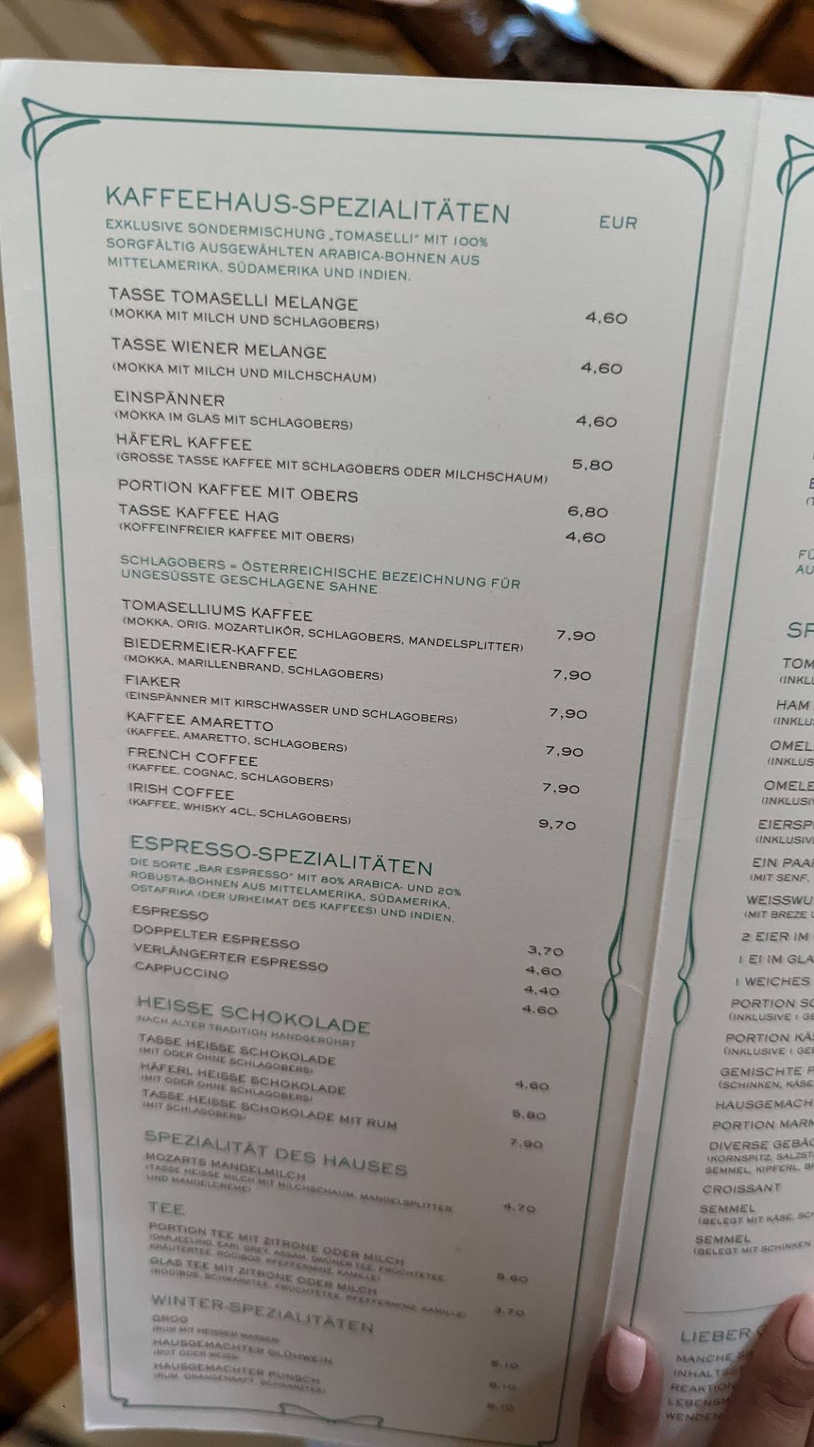 Menu at Café Tomaselli cafe, Salzburg