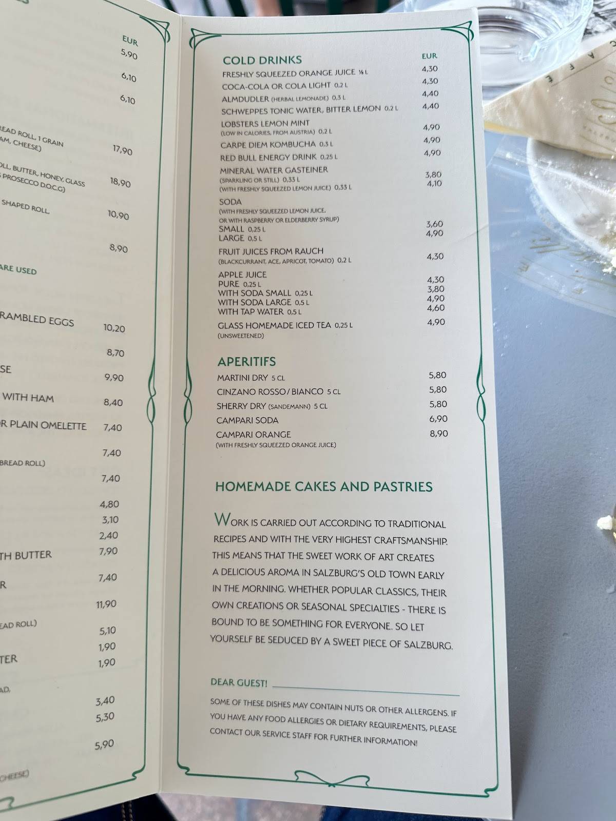 Menu at Café Tomaselli cafe, Salzburg