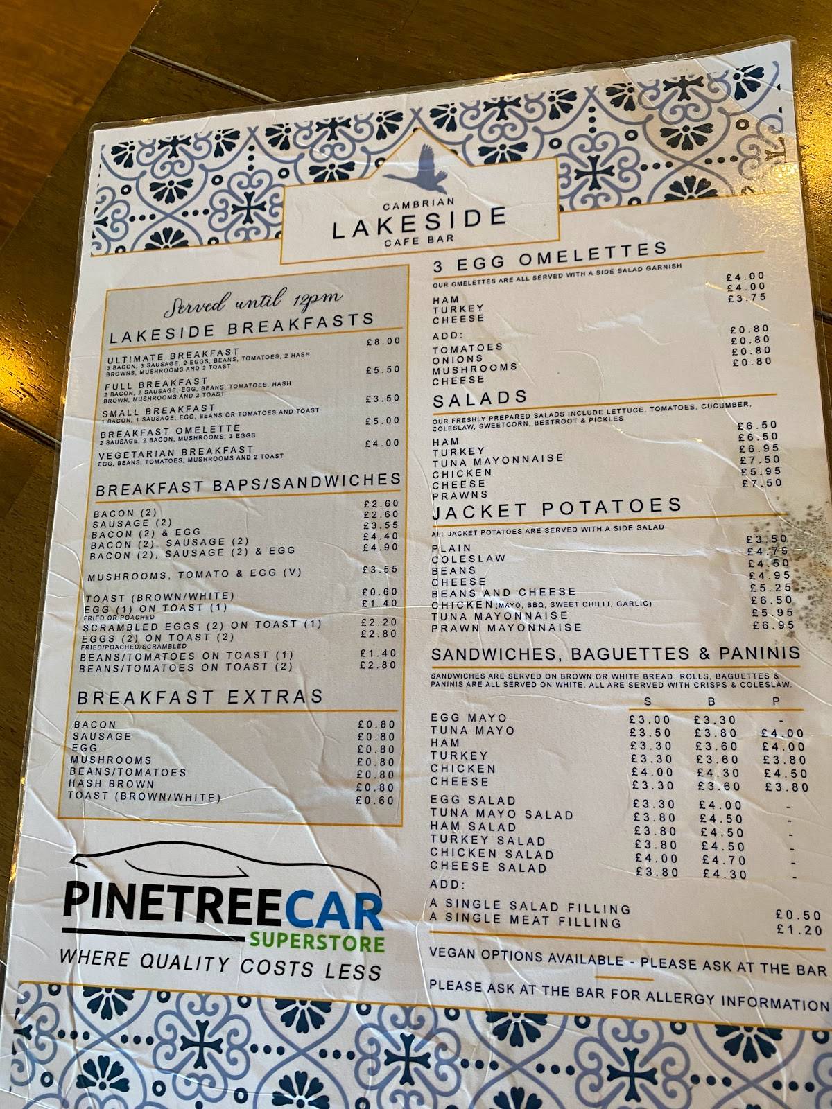 Menu at Cambrian Lakeside Cafe Bar, Tonypandy