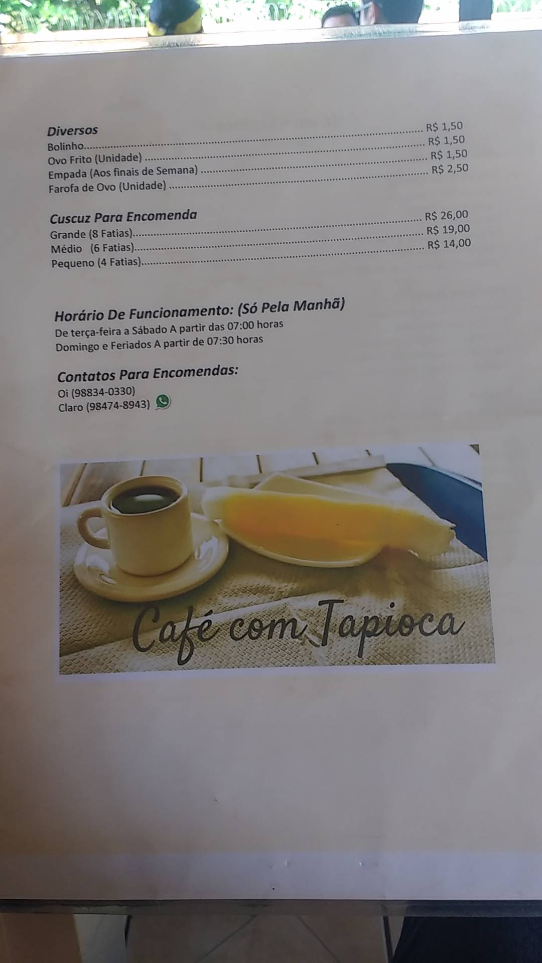 Menu em Café Com Tapioca, Castanhal