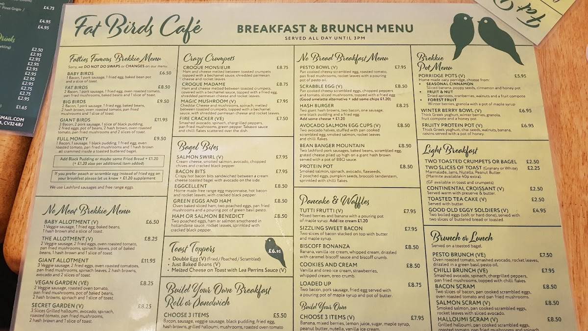 Menu at Fat Birds Cafe, Royal Leamington Spa