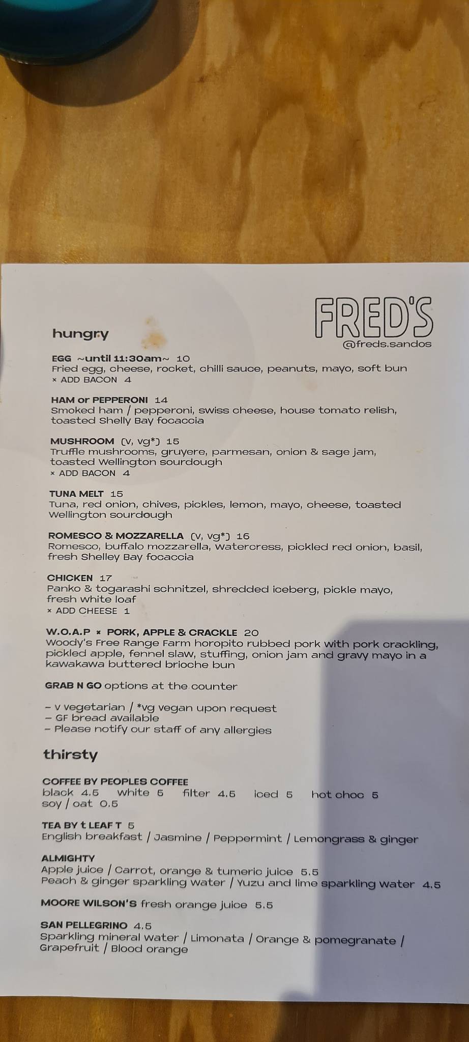 Menu at Fred's Sandwiches cafe, Wellington