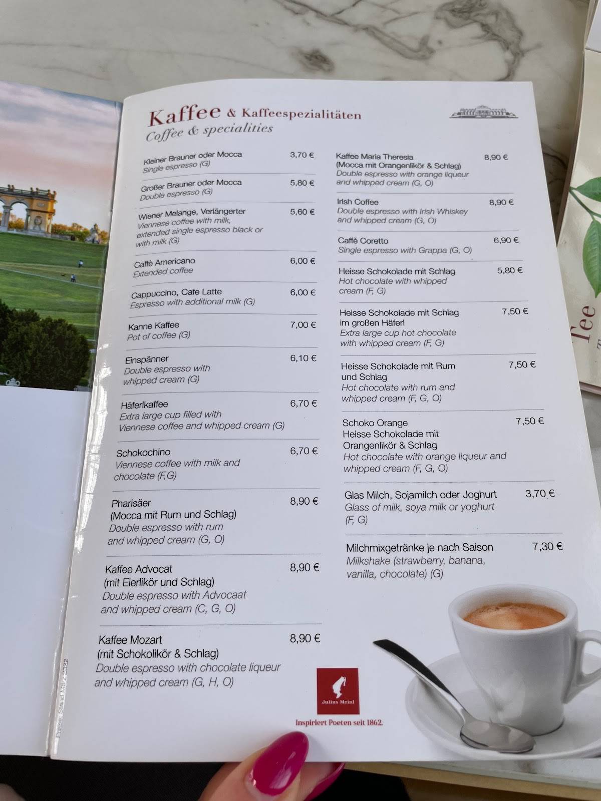 Speisekarte von Café Gloriette cafe, Wien, Schlosspark