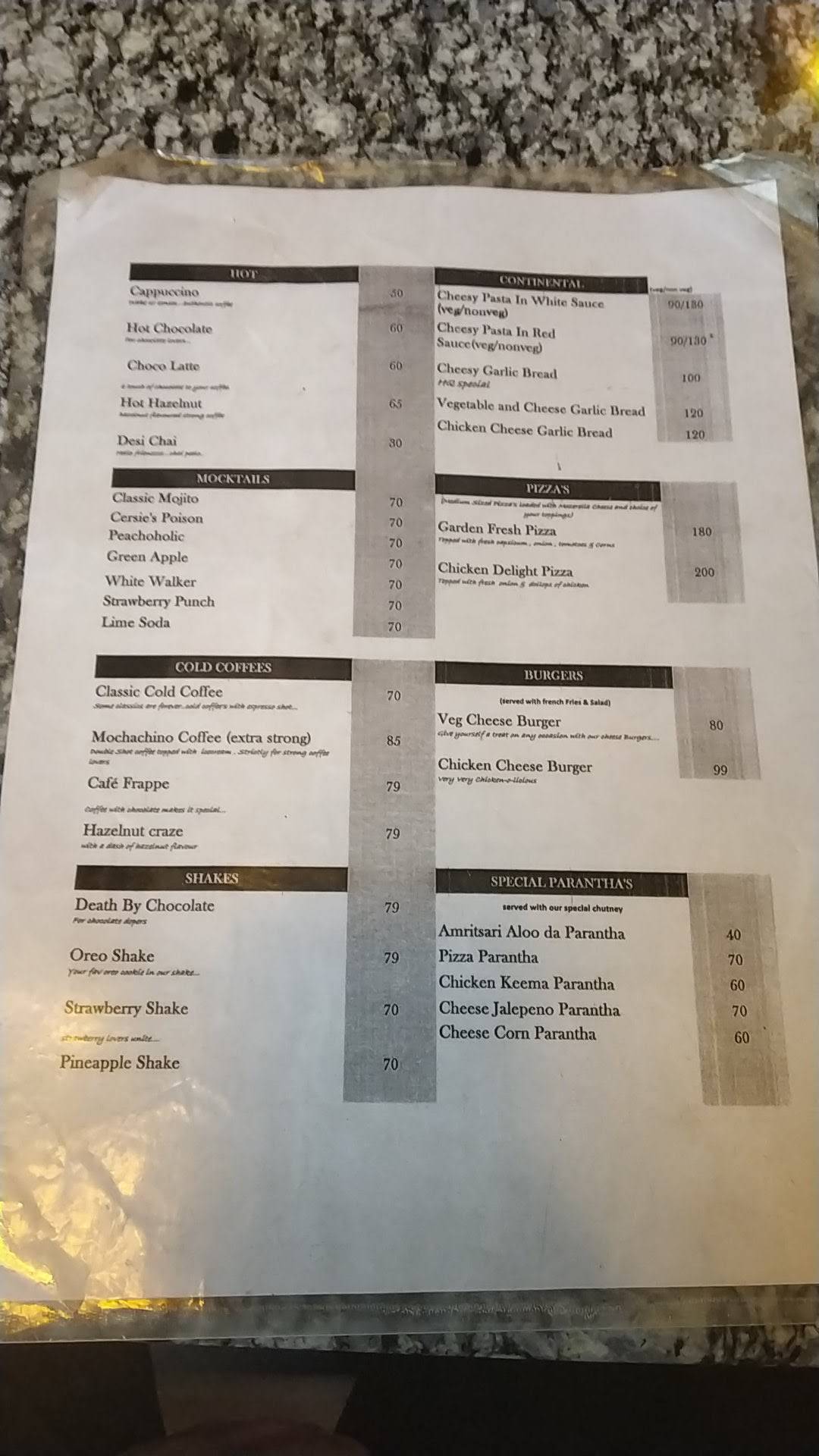 Menu at Cafe Headquarters, Dehradun