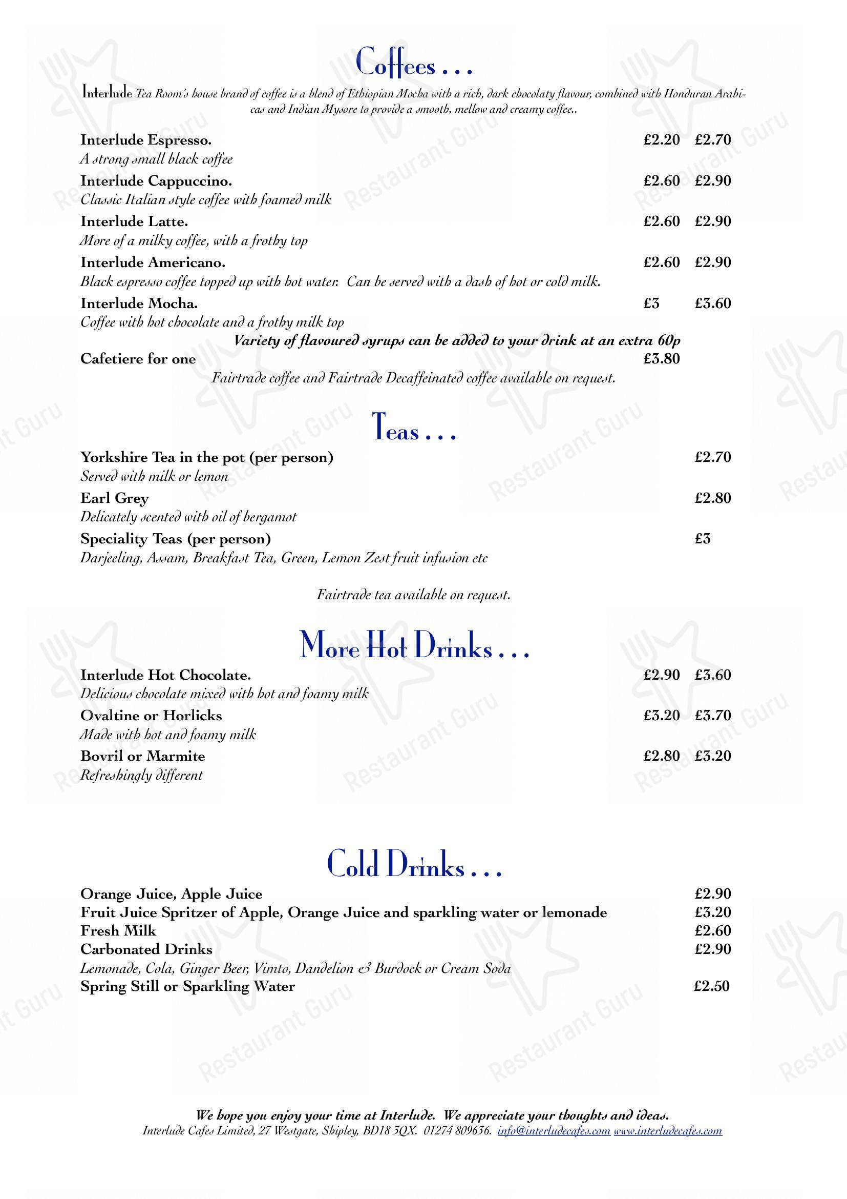 Menu at Interlude Tea Room cafe, Shipley