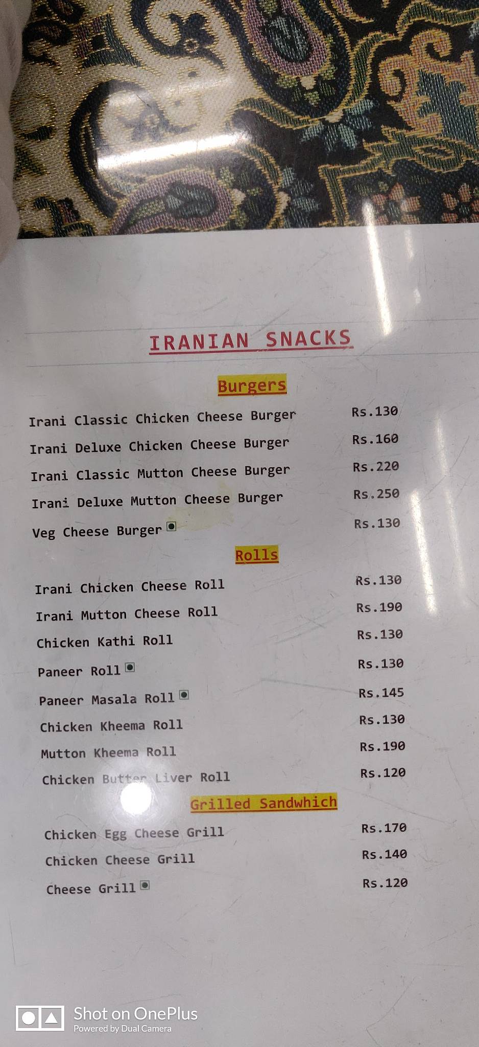 Menu at Cafe Irani Chaii, Mumbai, Rosary Building