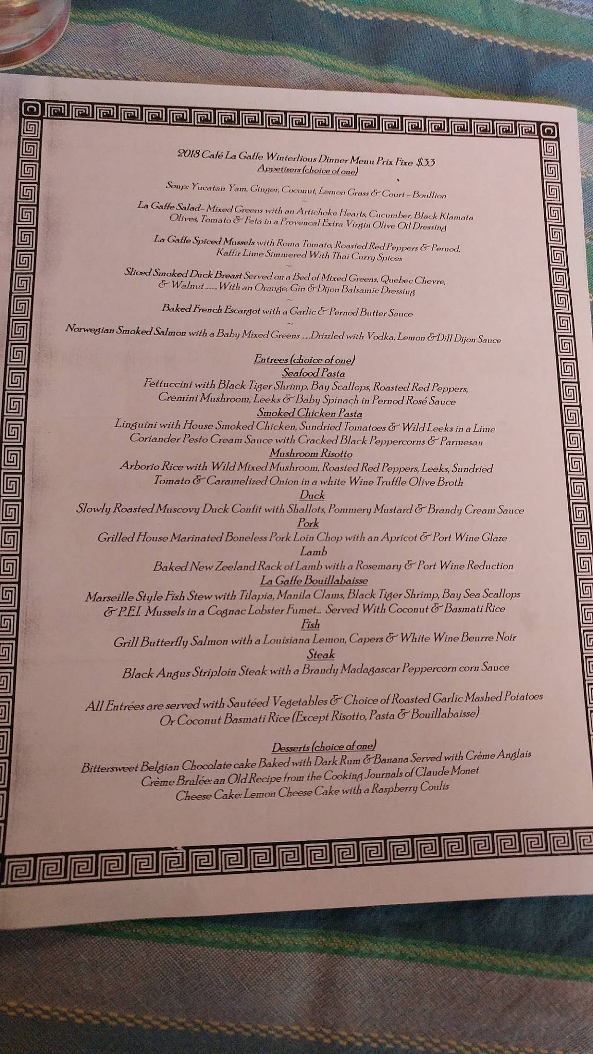 Menu at Cafe La Gaffe, Toronto