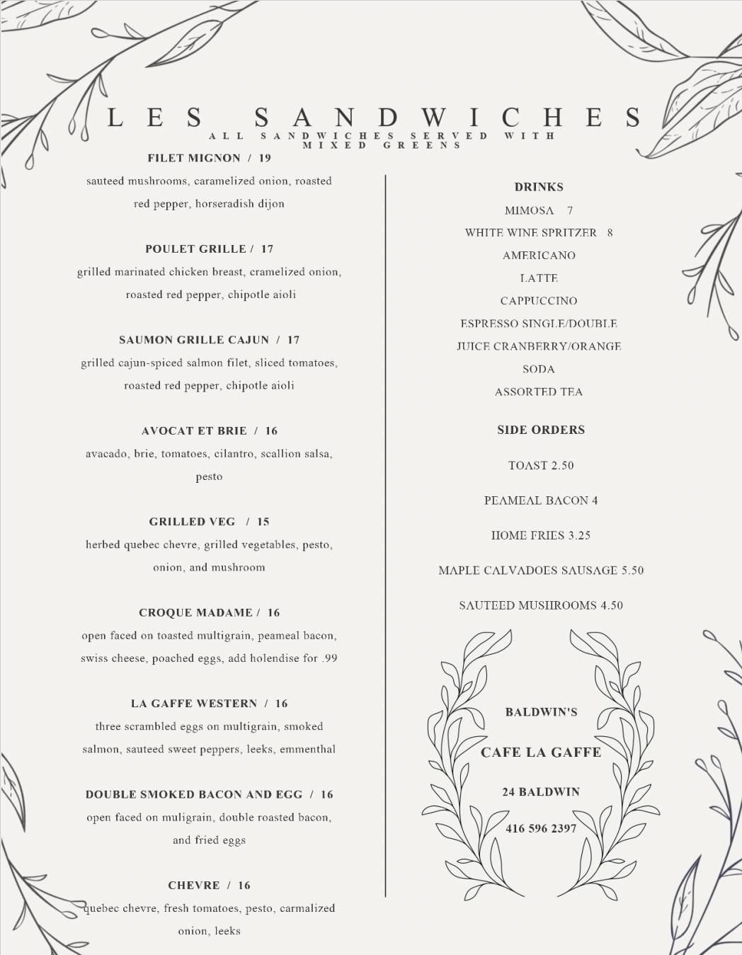 Menu at Cafe La Gaffe, Toronto