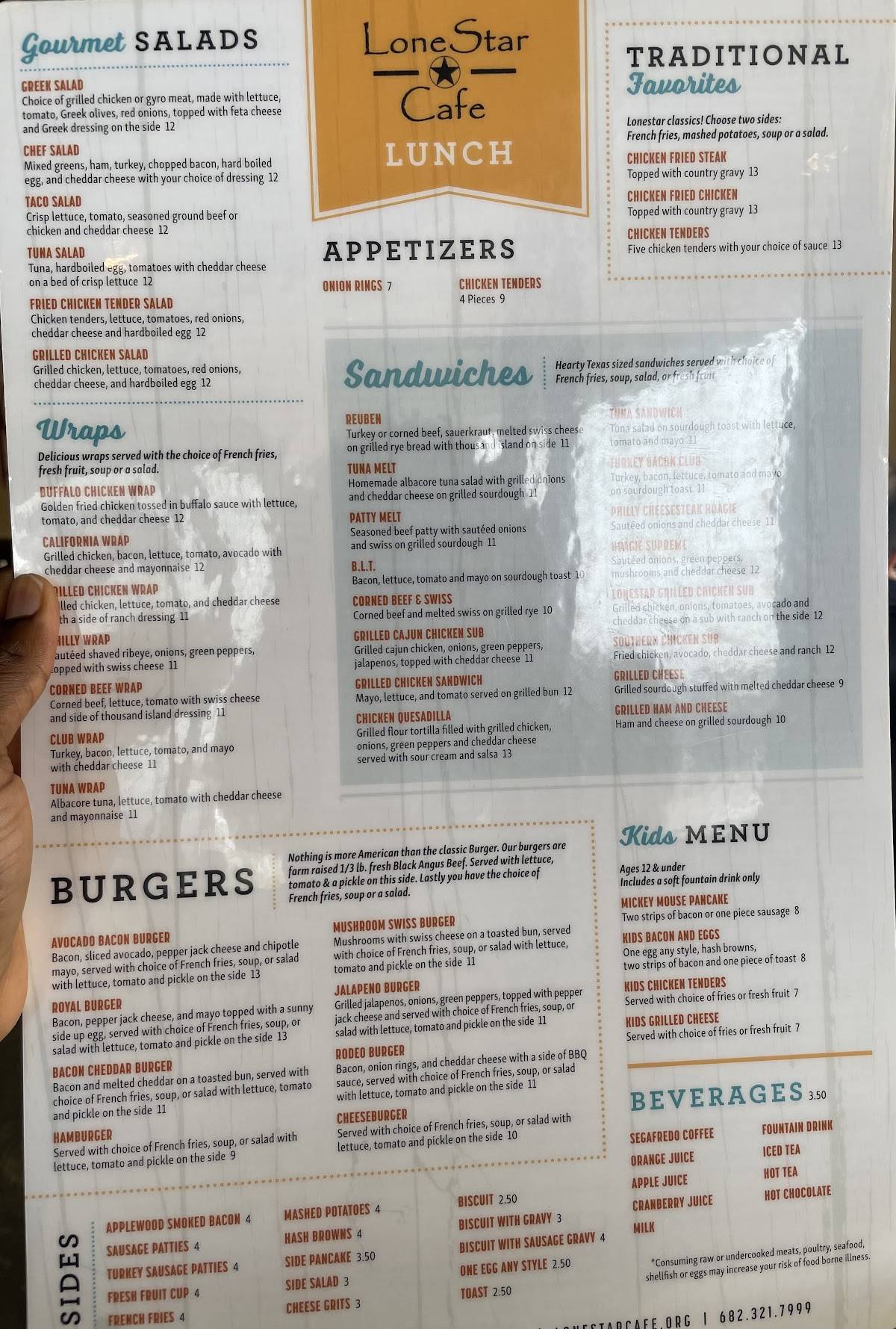 Menu at Lone Star Cafe, Arlington