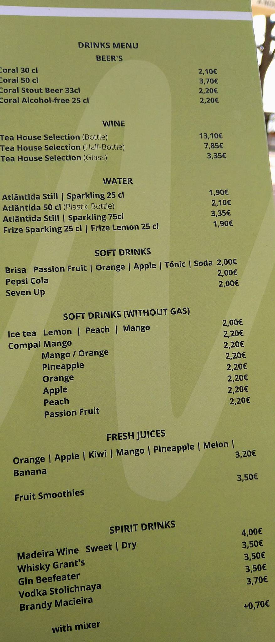 Menu at Magic Tea House cafe, Funchal