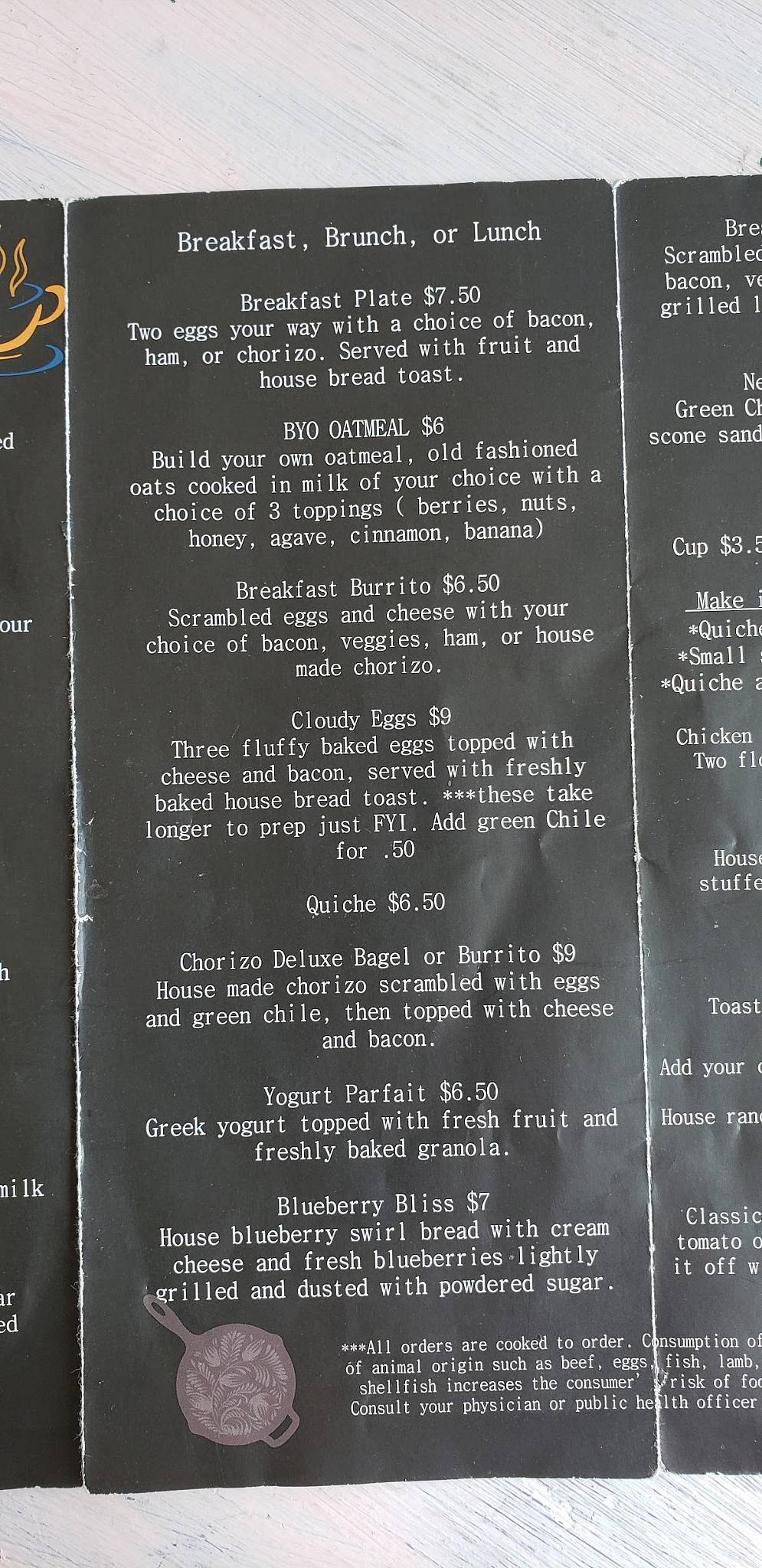 Menu at Nessa's Cafe, Las Cruces