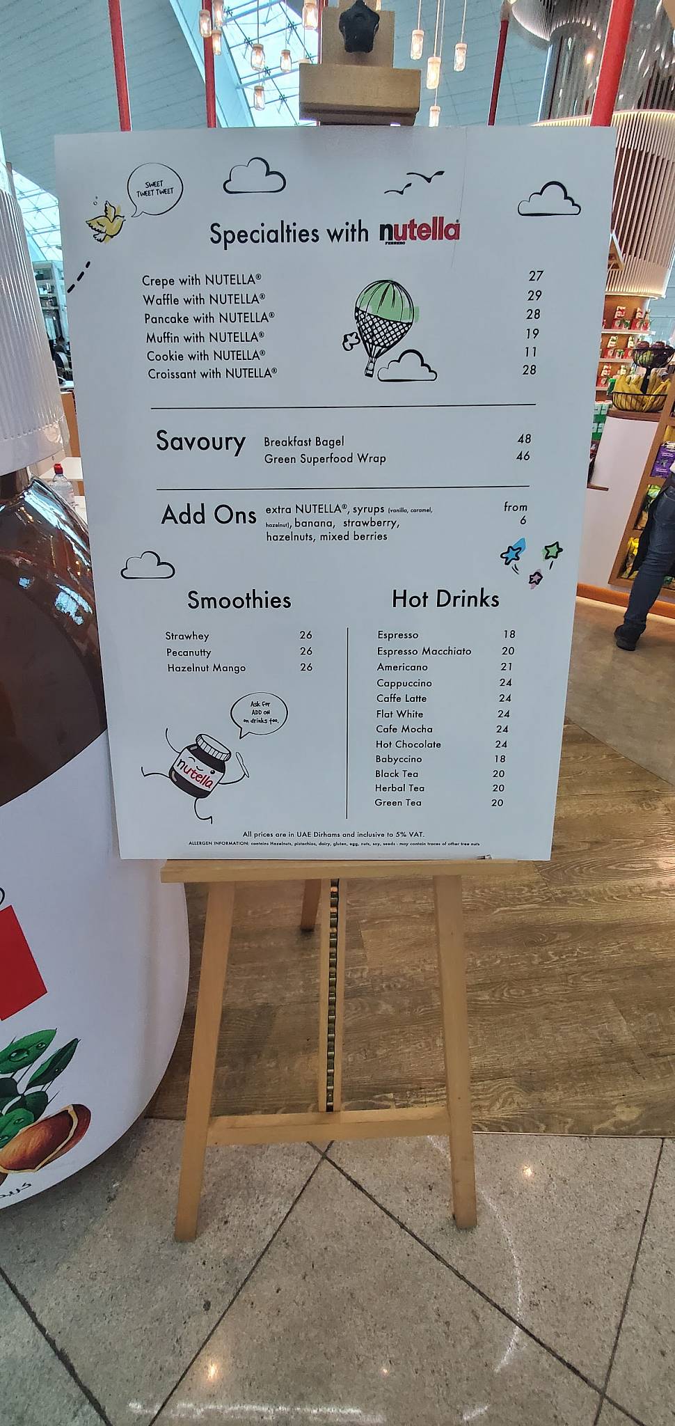 Menu at Nutella Cafe @ Dubai Airport, UAE