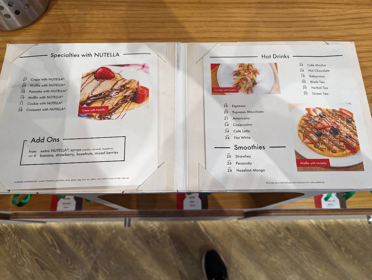 Menu at Nutella Cafe @ Dubai Airport, UAE