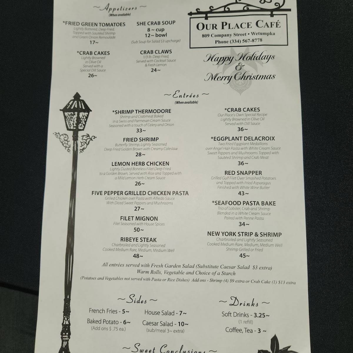 Menu at Our Place Cafe, Wetumpka