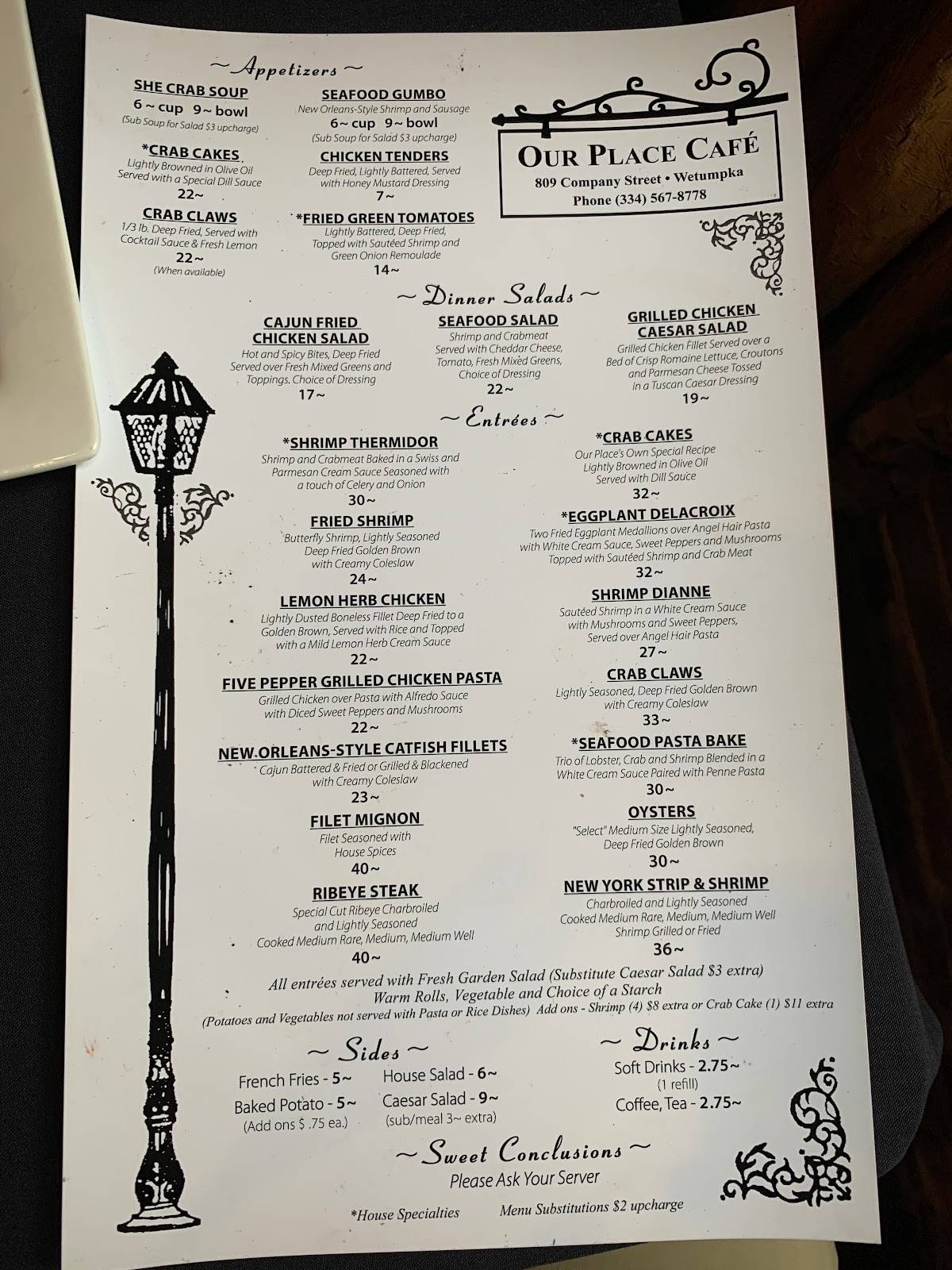 Menu at Our Place Cafe, Wetumpka