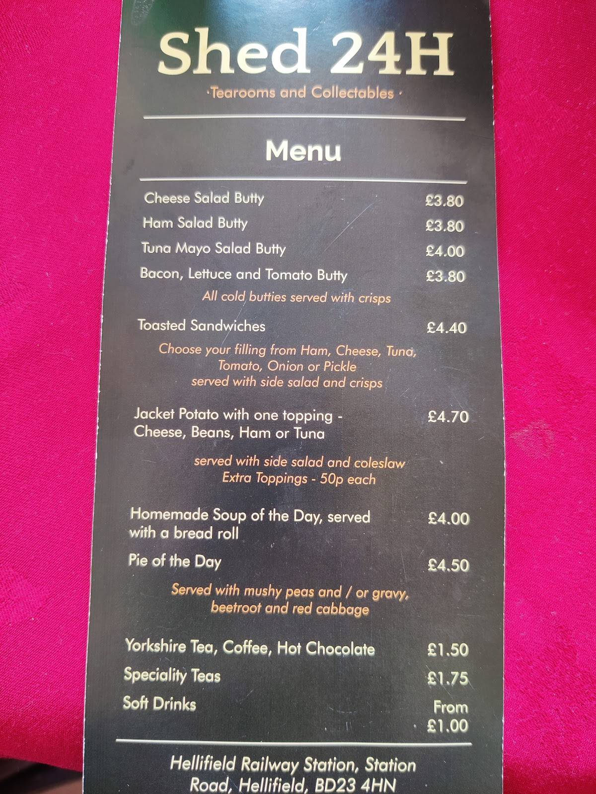 Menu at Shed24H tearooms at Hellifield Station cafe, Hellifield