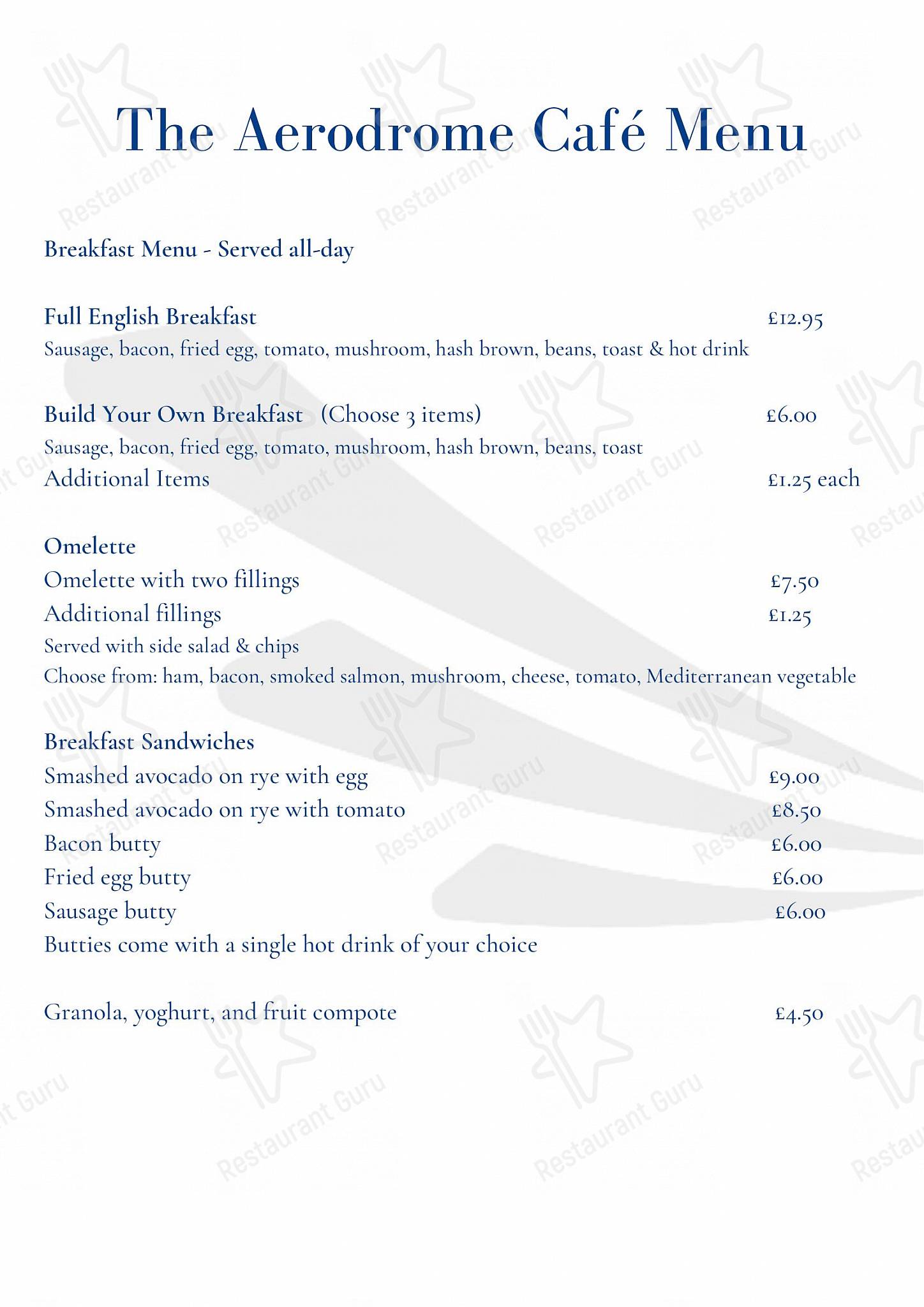 Menu at The Aerodrome Café cafe, London