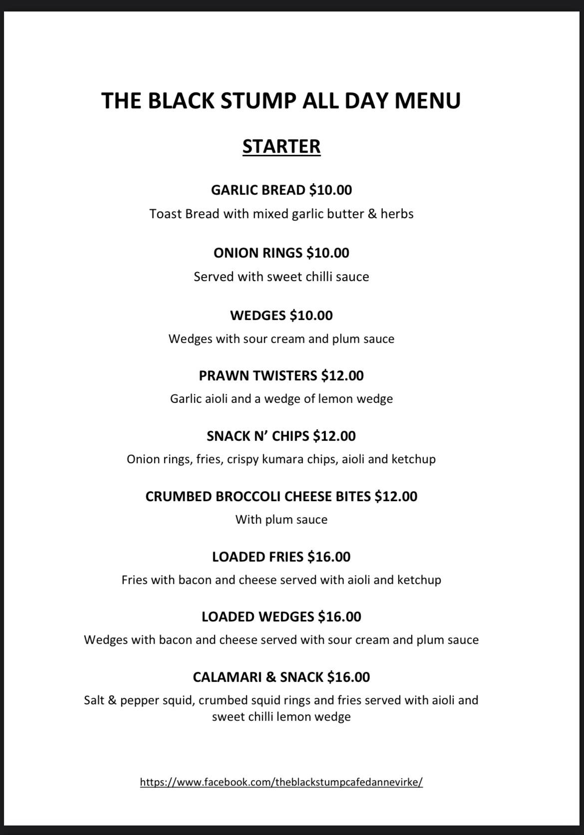 Menu at The Black Stump Cafe, Dannevirke