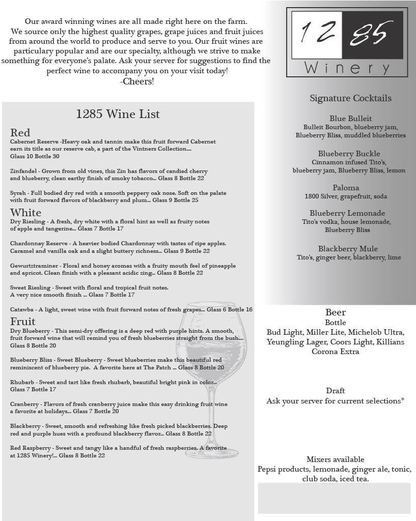Menu at The Blueberry Patch cafe, Mansfield