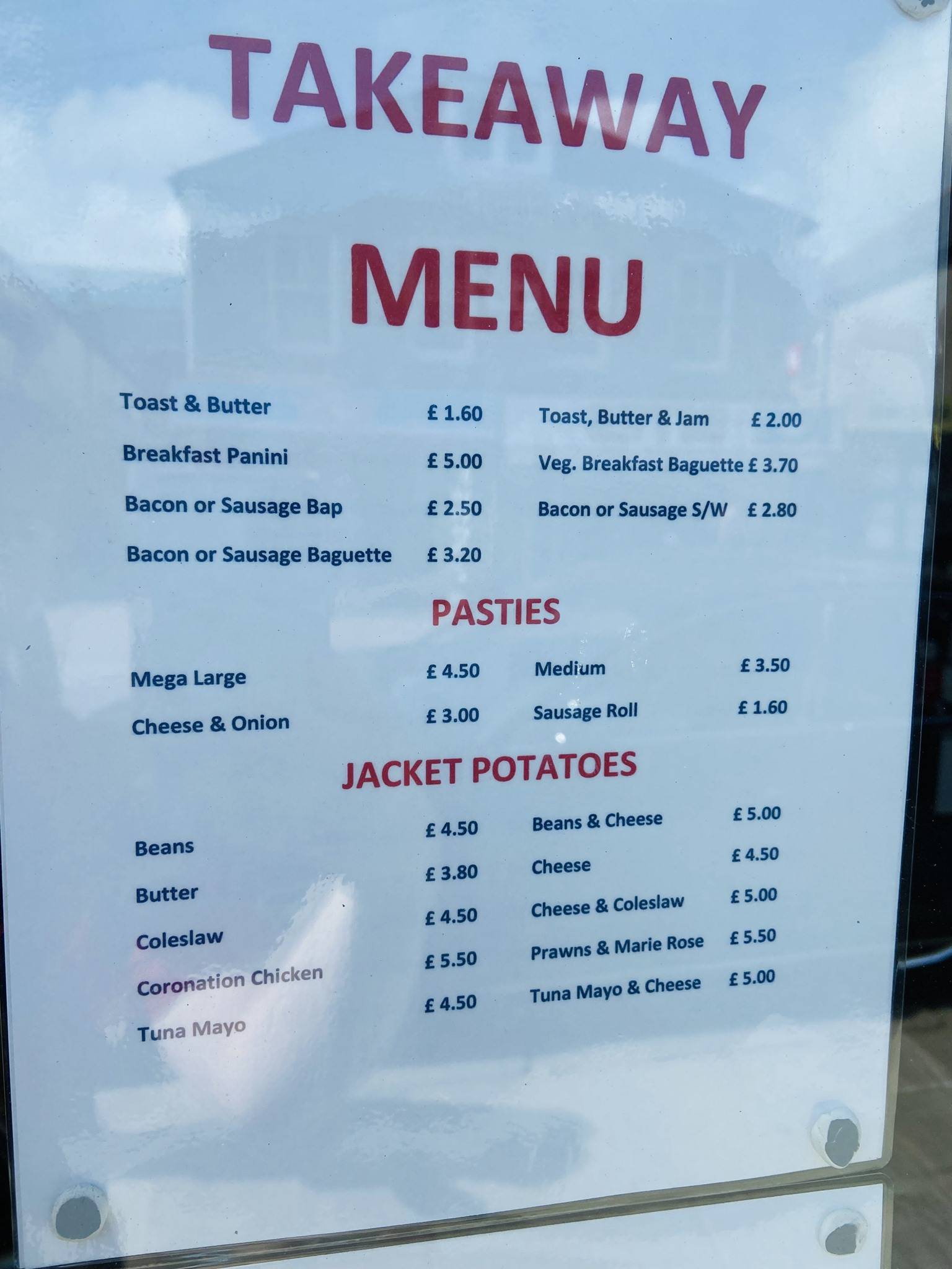 Menu at The Filling Station cafe, Perranporth
