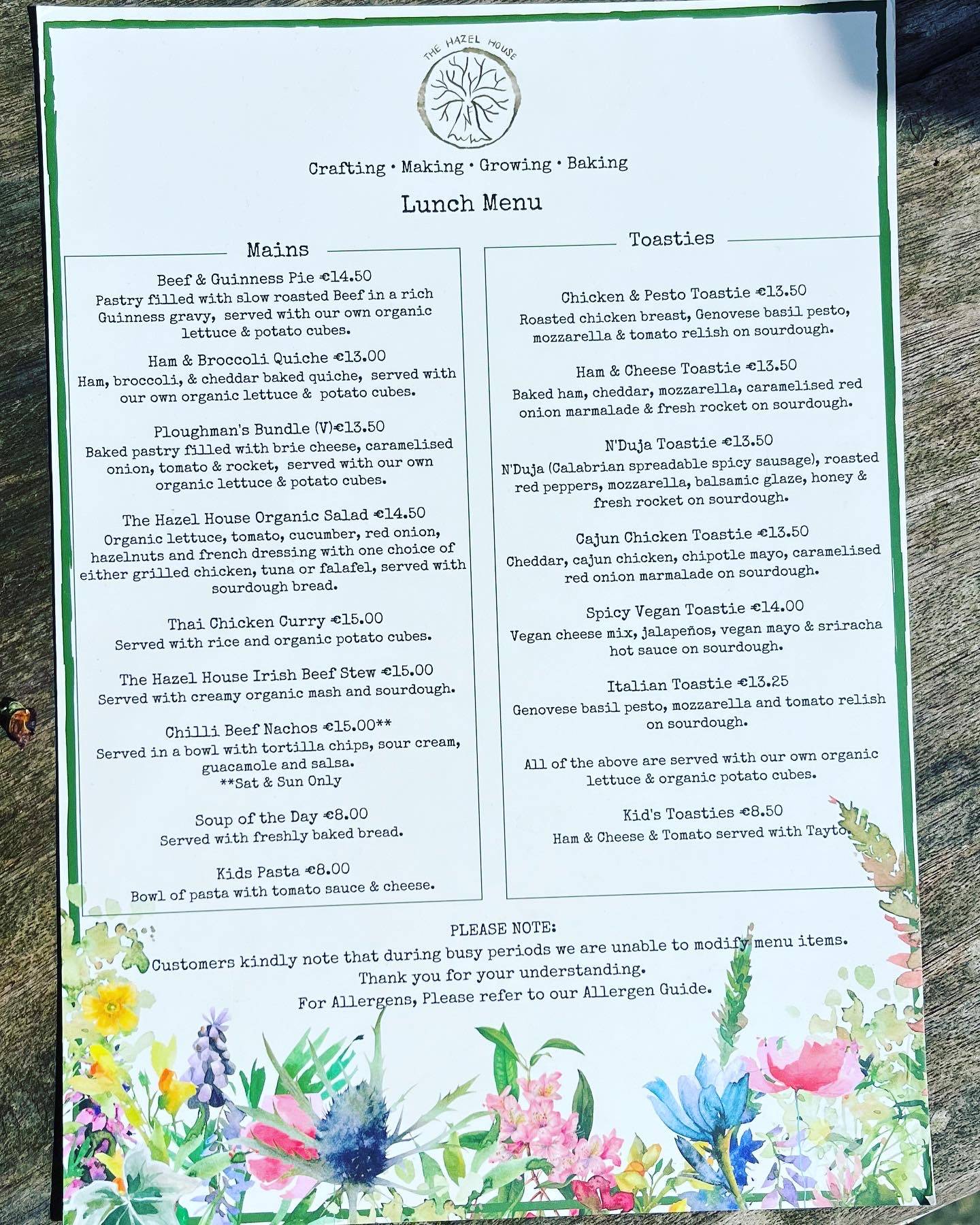 Menu at The Hazel House cafe, Dublin