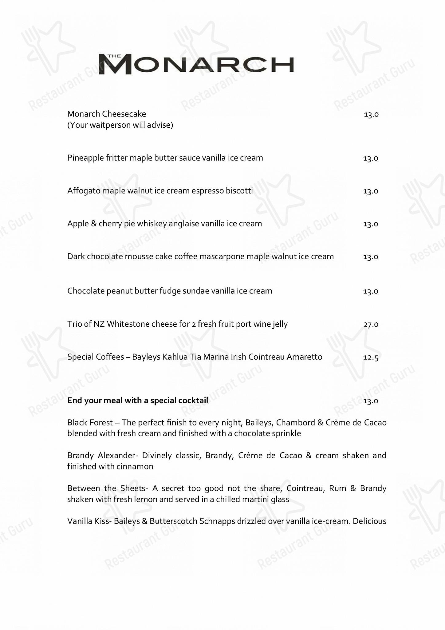 Menu at The Monarch cafe, Pukekohe