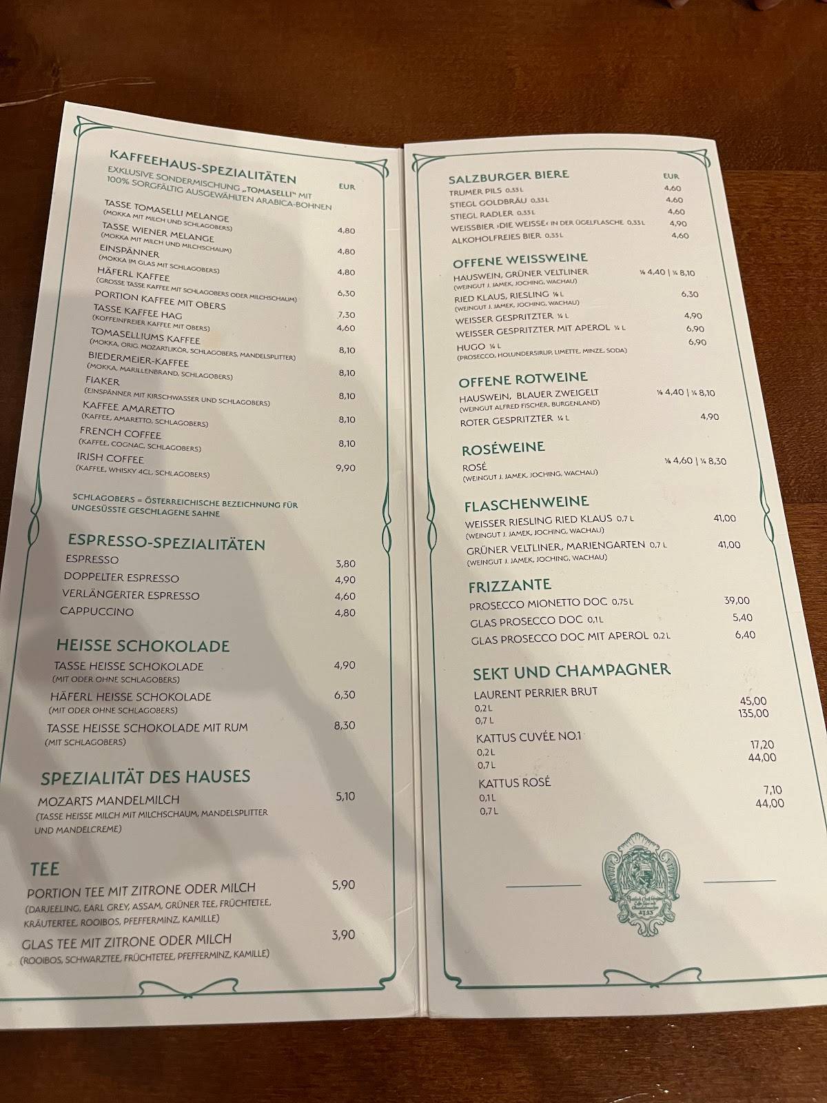 Menu at Café Tomaselli cafe, Salzburg