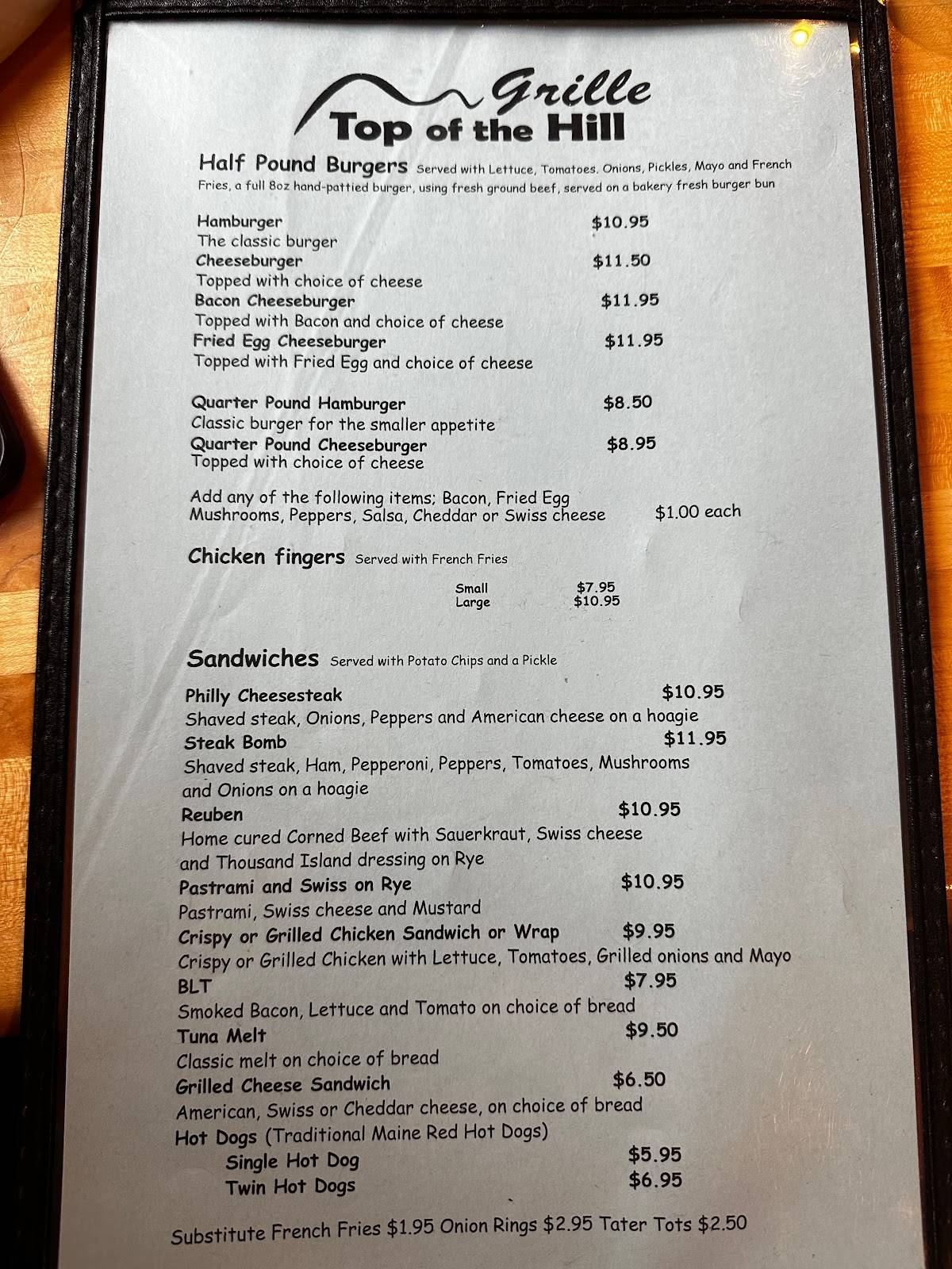 Menu at Top of the Hill Grille cafe, Casco