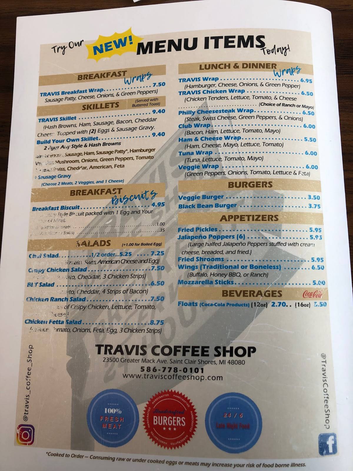 Menu at Travis Coffee Shop cafe, Saint Clair Shores